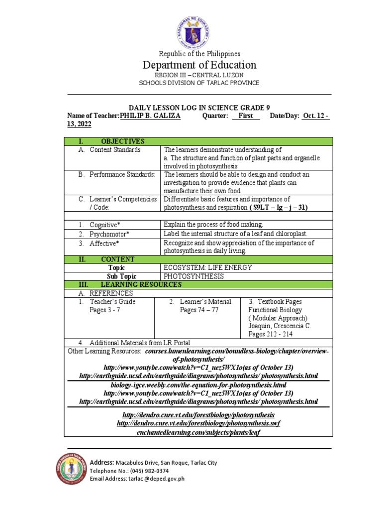 Melc G9 Q1 Week 6 DLL | PDF | Photosynthesis | Stoma