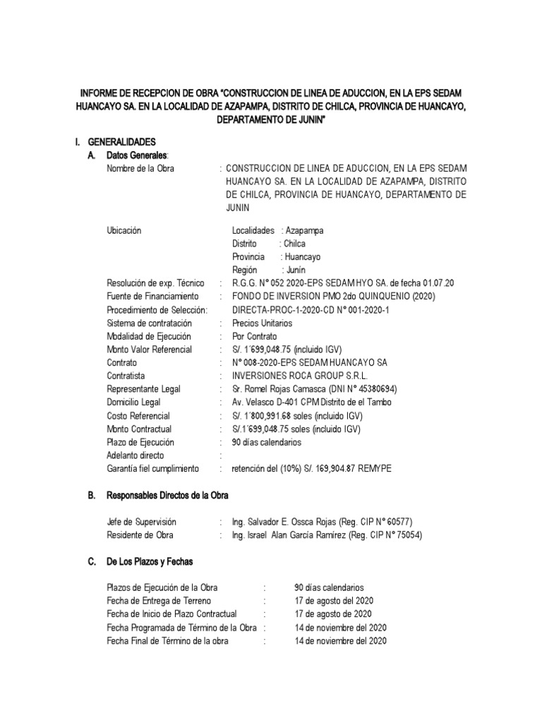 Informe de Recepcion de Obra... | PDF