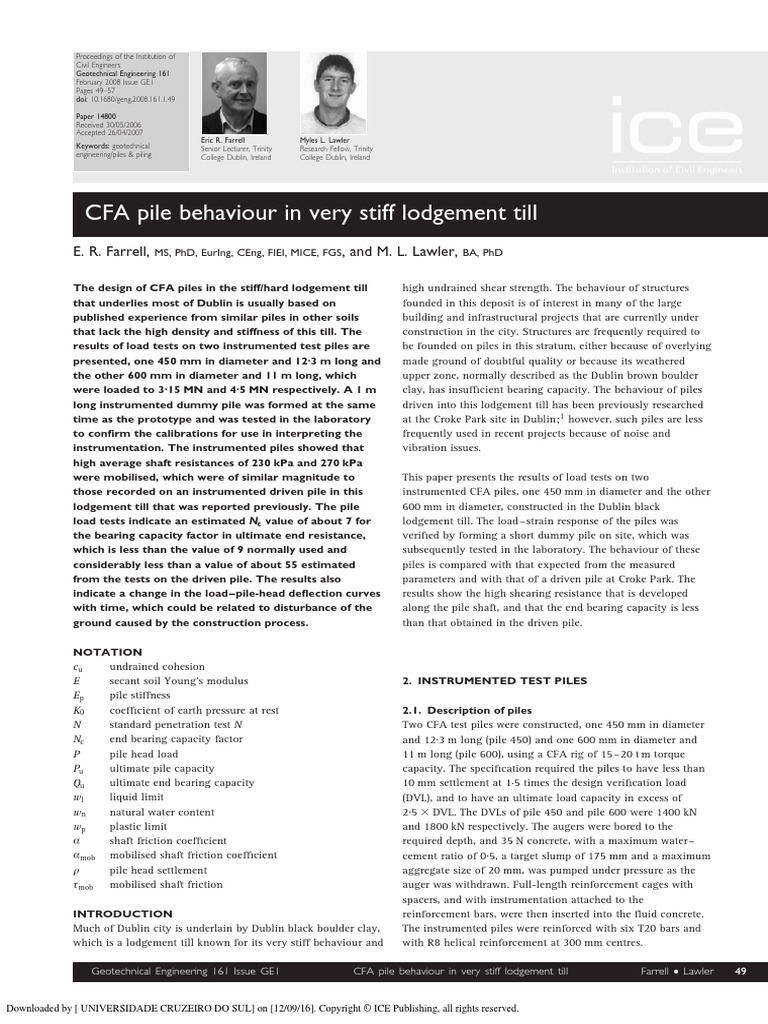 CFA Pile Behaviour in Very Stiff Lodgement Till | PDF | Deep Foundation ...