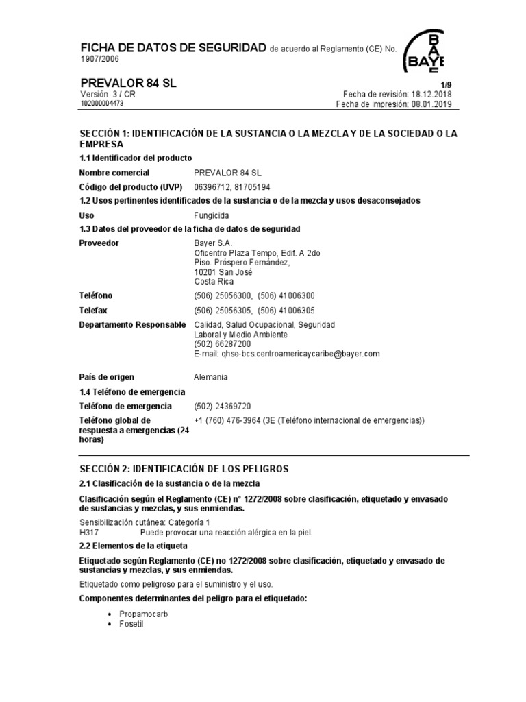 MSDS Prevalor 84 SL Fich Tecn | PDF | Guante | Agua