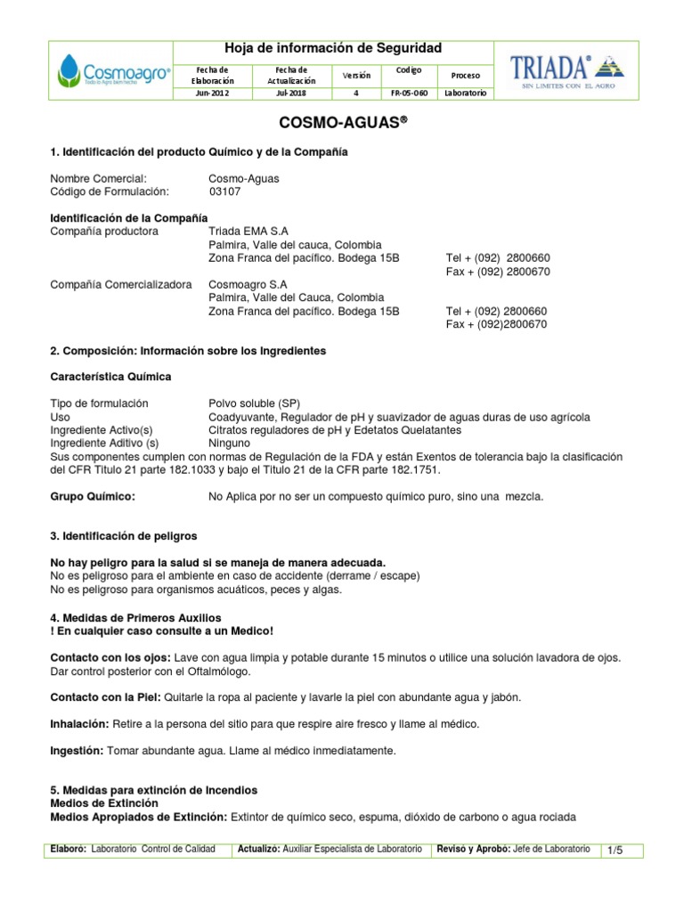 Hoja de Seguridad Cosmo Aguas | PDF | Agua | Laboratorios