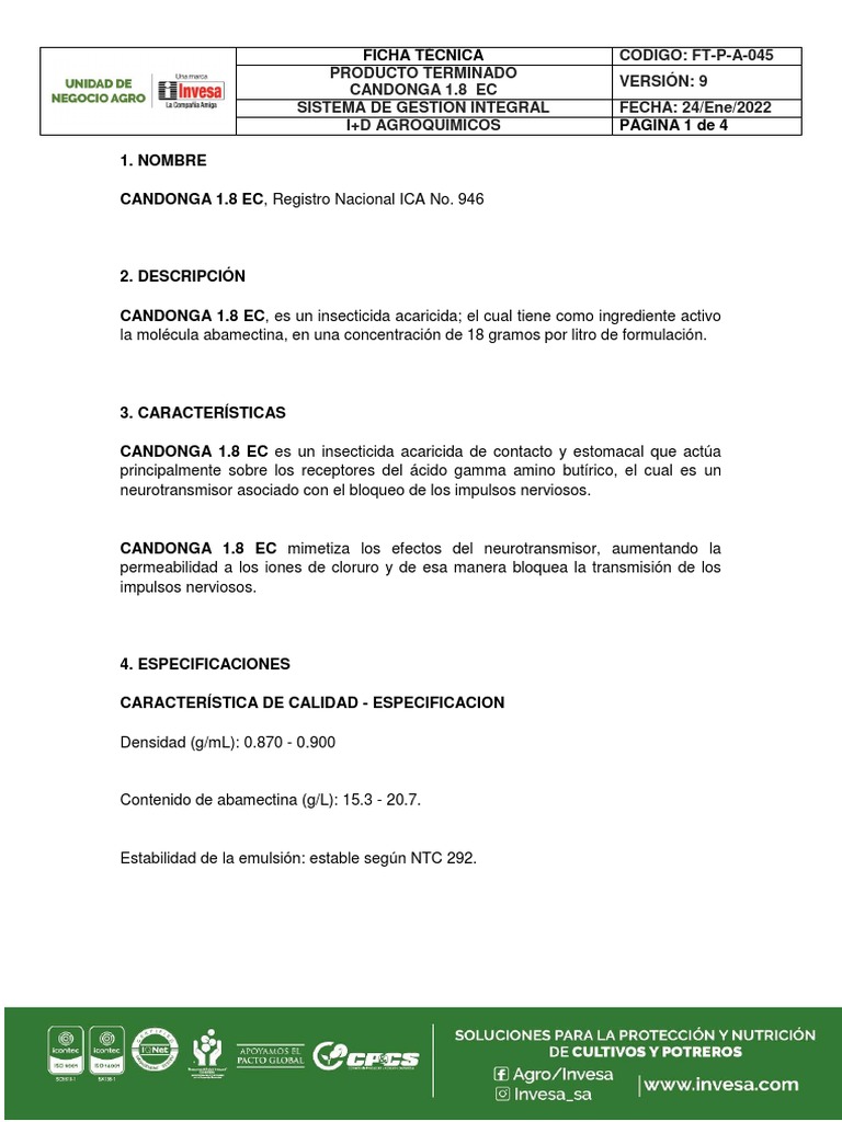 Technical Specifications for Candonga 1.8 EC Insecticide | PDF | Pesticida