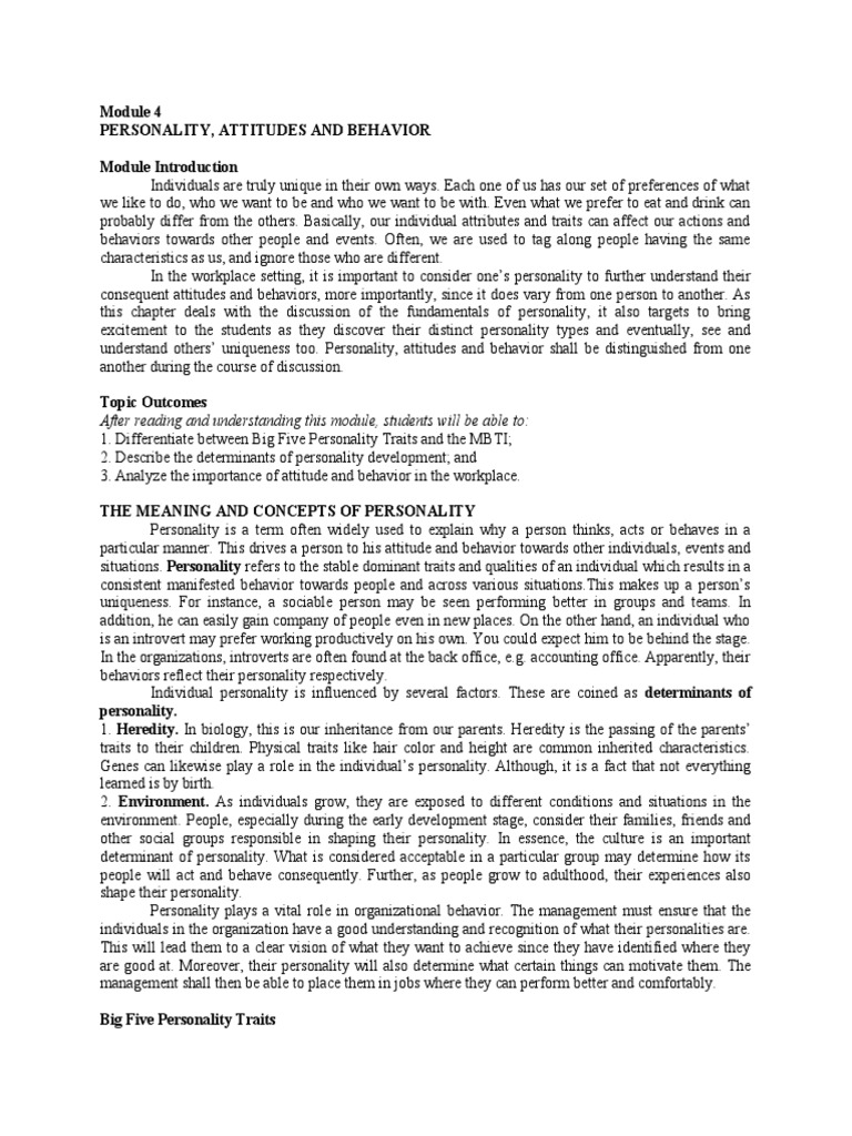Module 4 PERSONALITY ATTITUDES AND BEHAVIOR | PDF | Job Satisfaction | Extraversion And Introversion