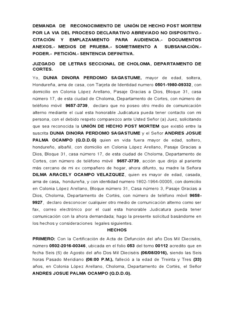 Reconocimiento de Unión de Hecho Post Mortem Dunia Perdomo | PDF ...