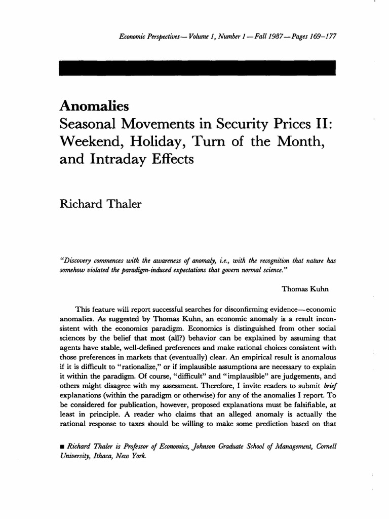 Anomalies Seasonal Movements in Security Prices II Weekend, Holiday, Turn of The Month, and ...