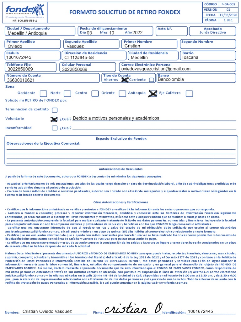 F GA 002 v1 Formato de Retiro Fondex 12 03 2021 Firmado | PDF