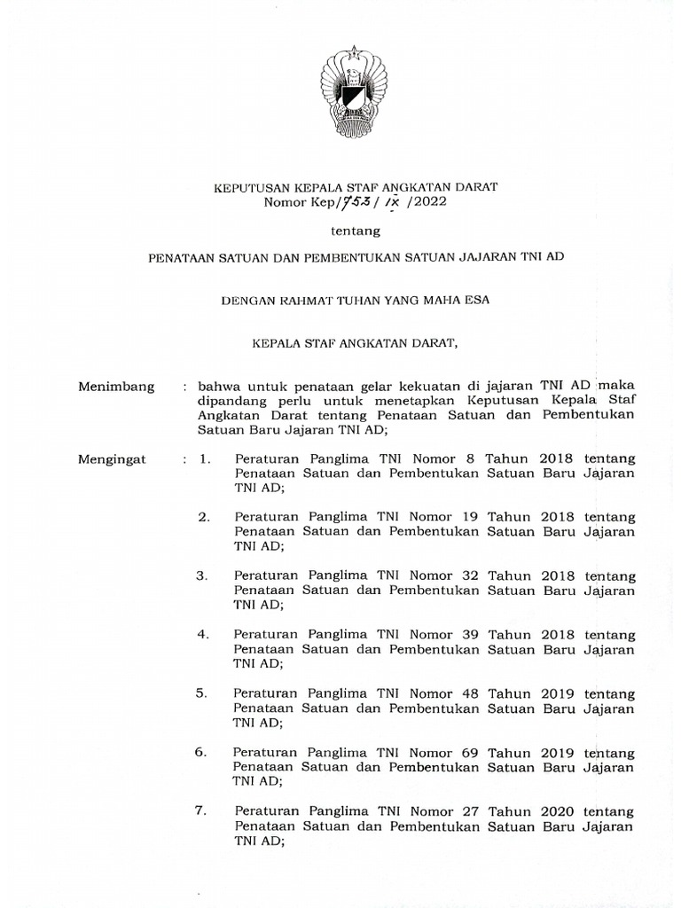 Kep Kasad Nomor Kep 753-IX-2022 Tanggal 15 September 2022 | PDF