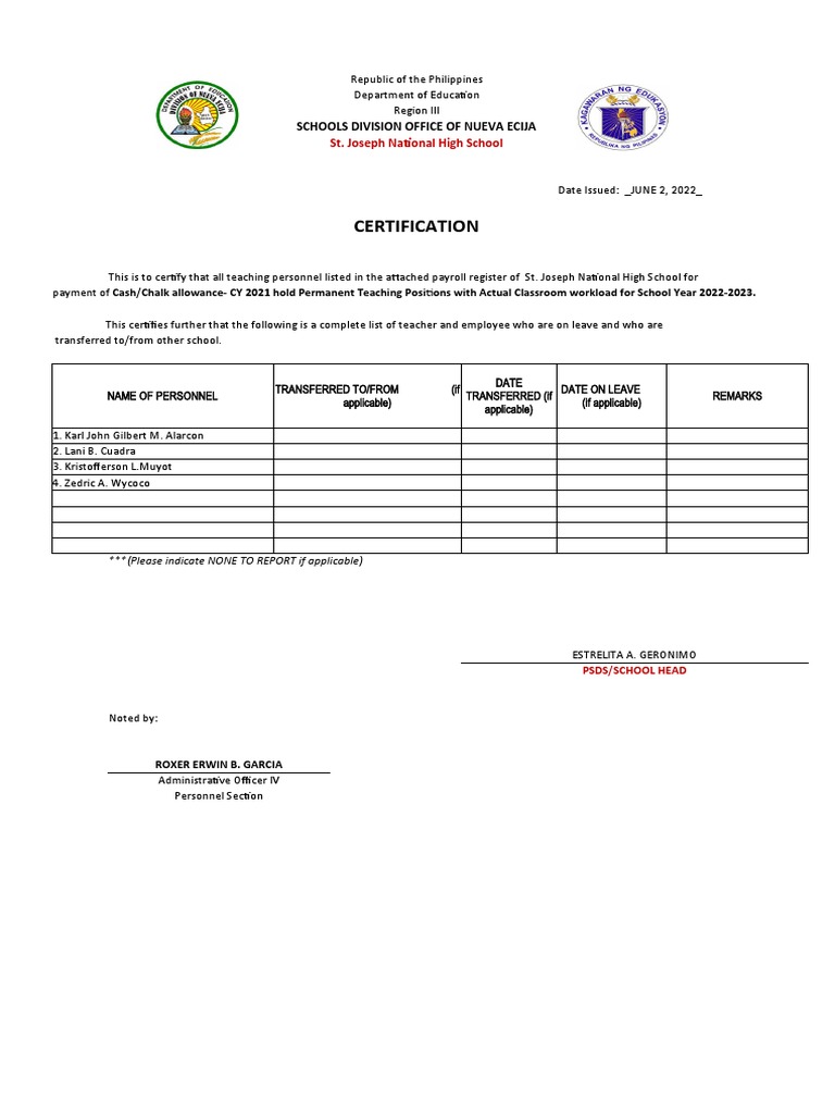 Certification For Cash Allowance 2022 | PDF