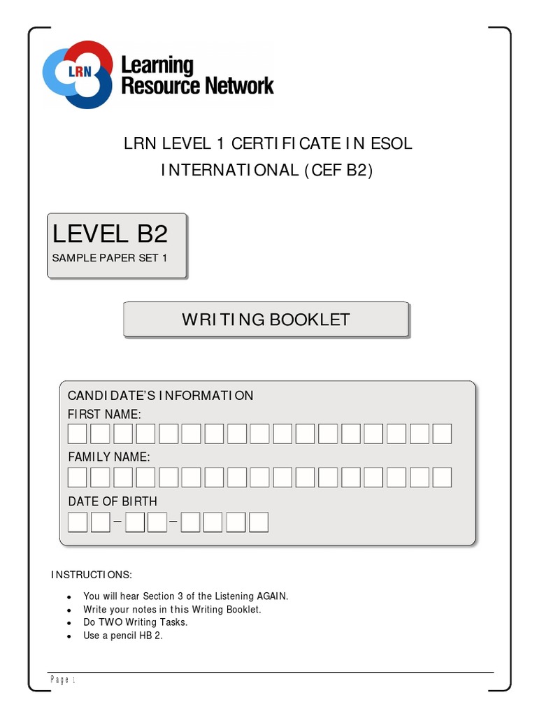 LRN Level 2 Certificate in Esol International Cef b2 Writing Booklet ...
