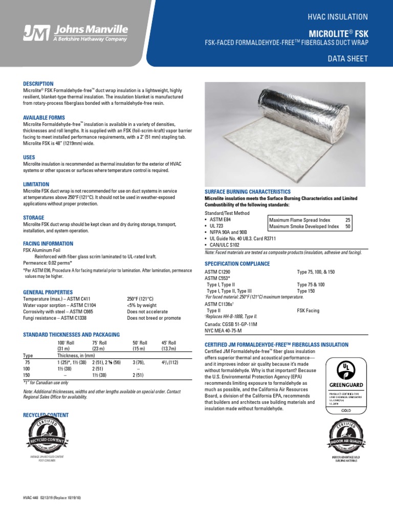 JM HVAC Microlite FSK Data Sheet EN | PDF | Duct (Flow) | Fiberglass