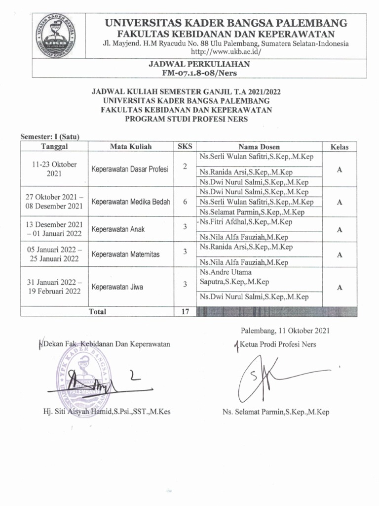 Jadwal Perkuliahan Profesi Ners - 1 | PDF
