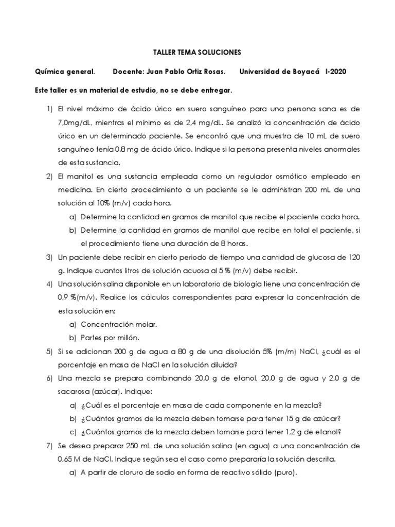 Taller Tema Soluciones | PDF | Concentración | Ácido clorhídrico