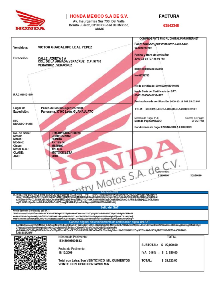 Factura Honda 123456 | PDF | Honda