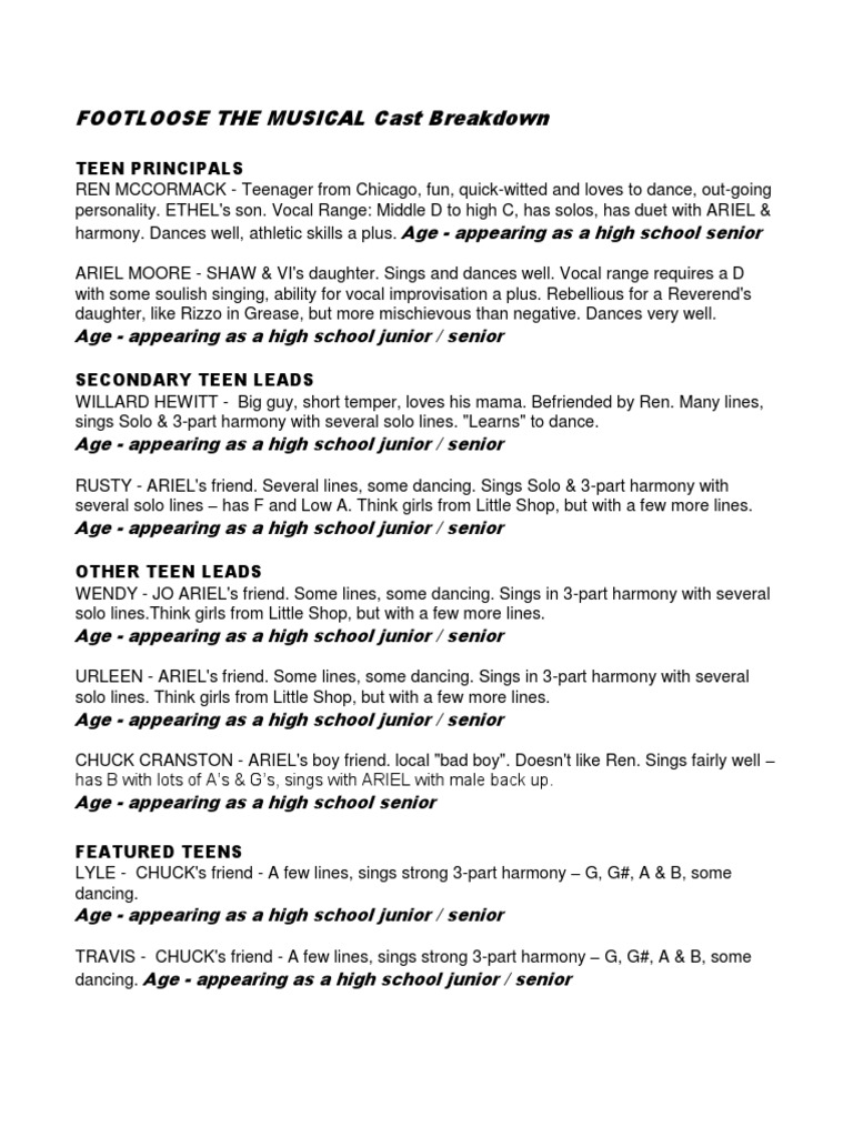 Footloose Cast Breakdown | PDF | Performing Arts