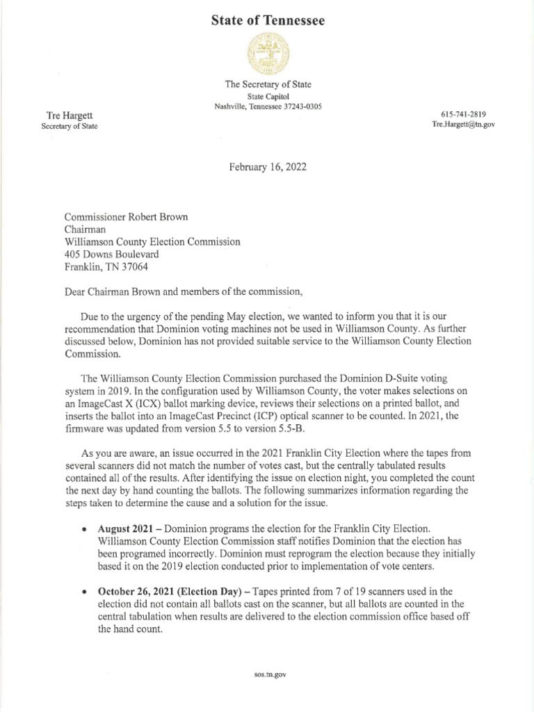 Letter From Tennessee Secretary of State Tre Hargett To Election ...
