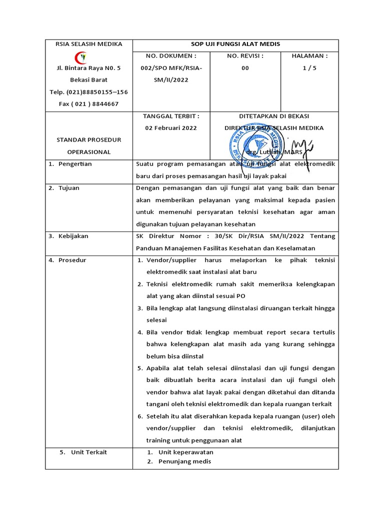 Sop Uji Fungsi Alat Medis | PDF