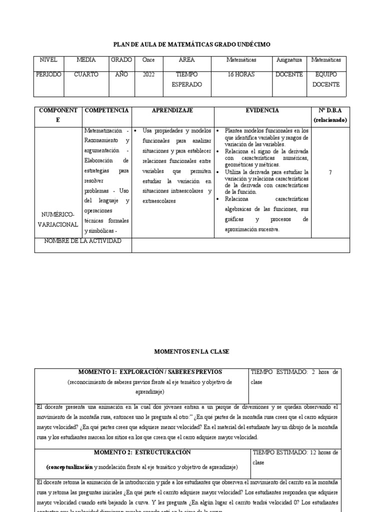 Plan de Aula de Matemáticas Grado Once | PDF | Derivado | Velocidad