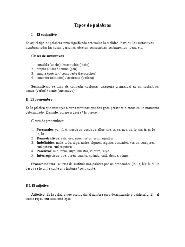 Clases y Tipos de Palabras en Español | PDF | Verbo | Adjetivo