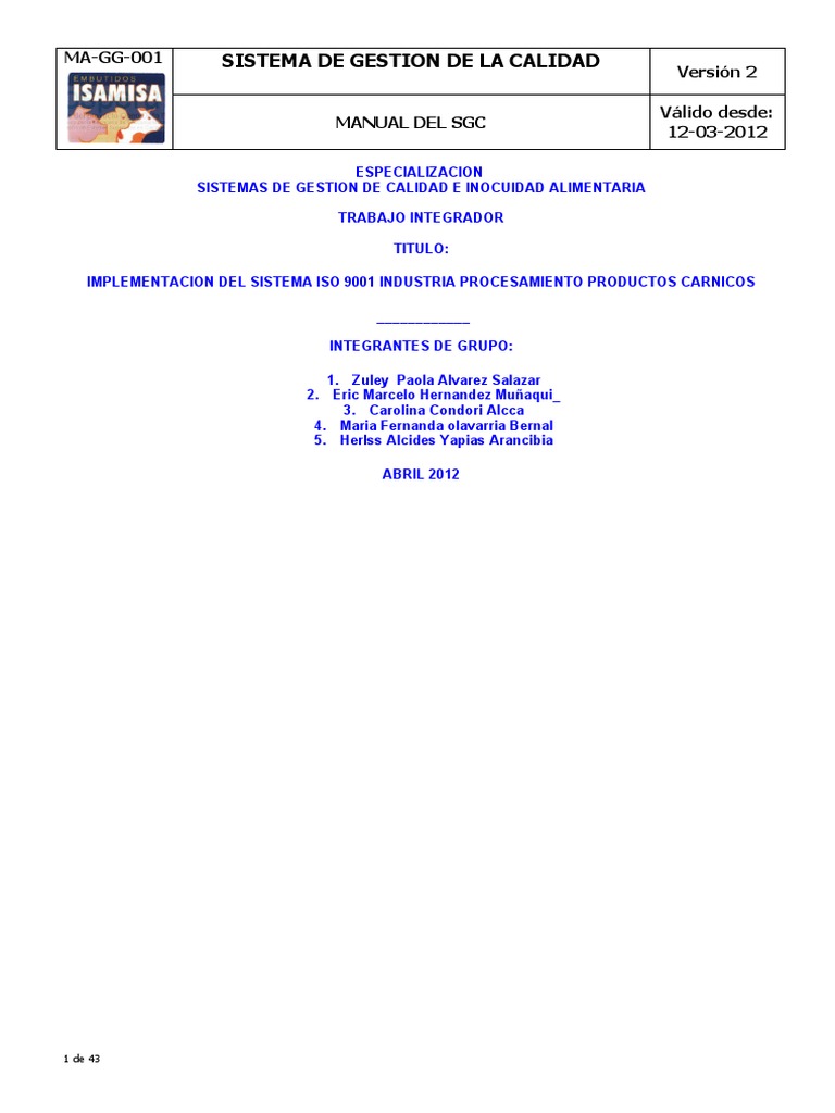 Implementación de ISO 9001 en Productos Carnicos | Descargar gratis PDF | Calidad (comercial ...