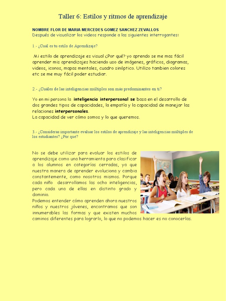 Taller 6 ESTILOS Y RITMOS DE APRENDIZAJE | PDF | Aprendizaje | Aprendiendo estilos