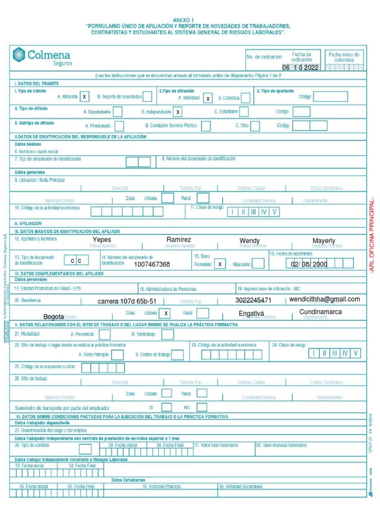 Formulario Afiliacion ARL Wendy | PDF