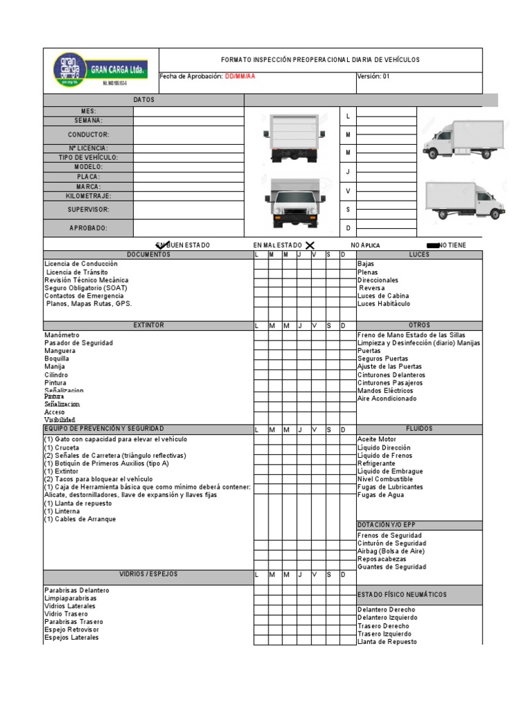 Formato de inspección diaria para vehículos de transporte | PDF ...