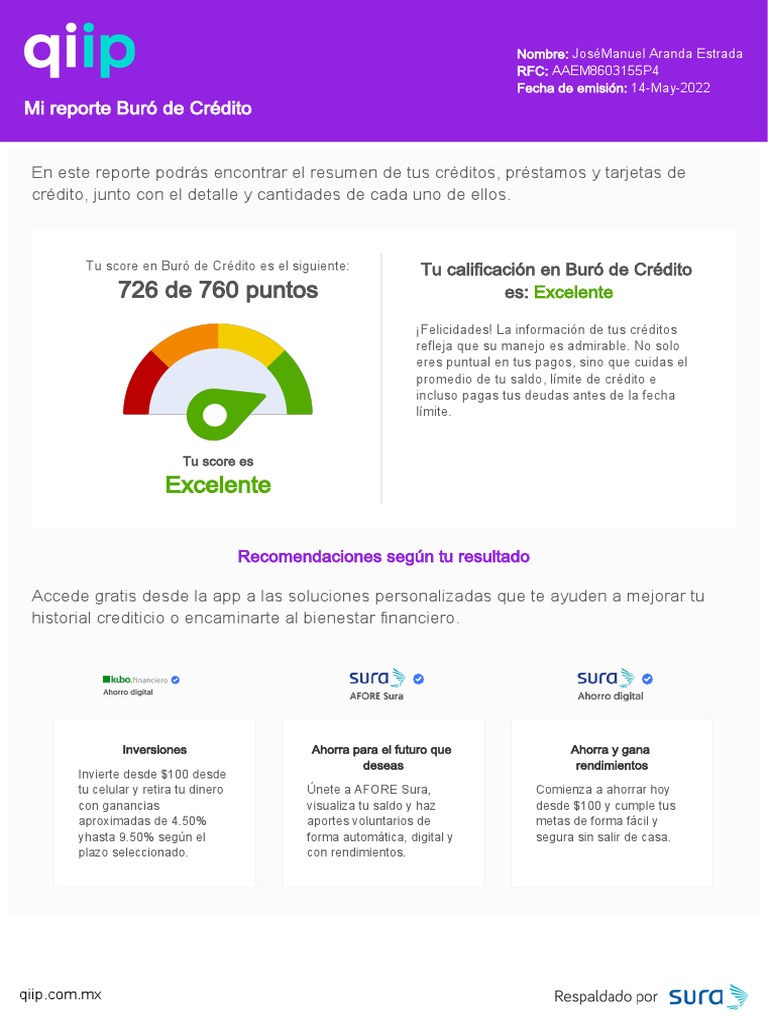 Informe de Crédito: Score Excelente | PDF | Tarjeta de crédito | Economias