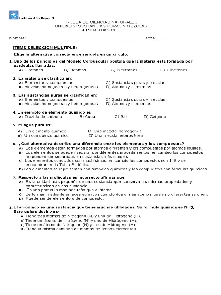PRUEBA 7° basico mezclas OCTUBRE | PDF | Mezcla | Sustancias químicas