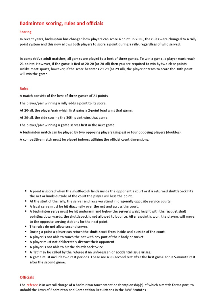 Badminton Scoring and Rules | PDF | Leisure | Competitive Games