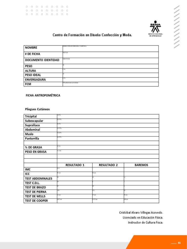Ficha Antropométrica de Valoración de La Condición Física GA1-230101507 ...
