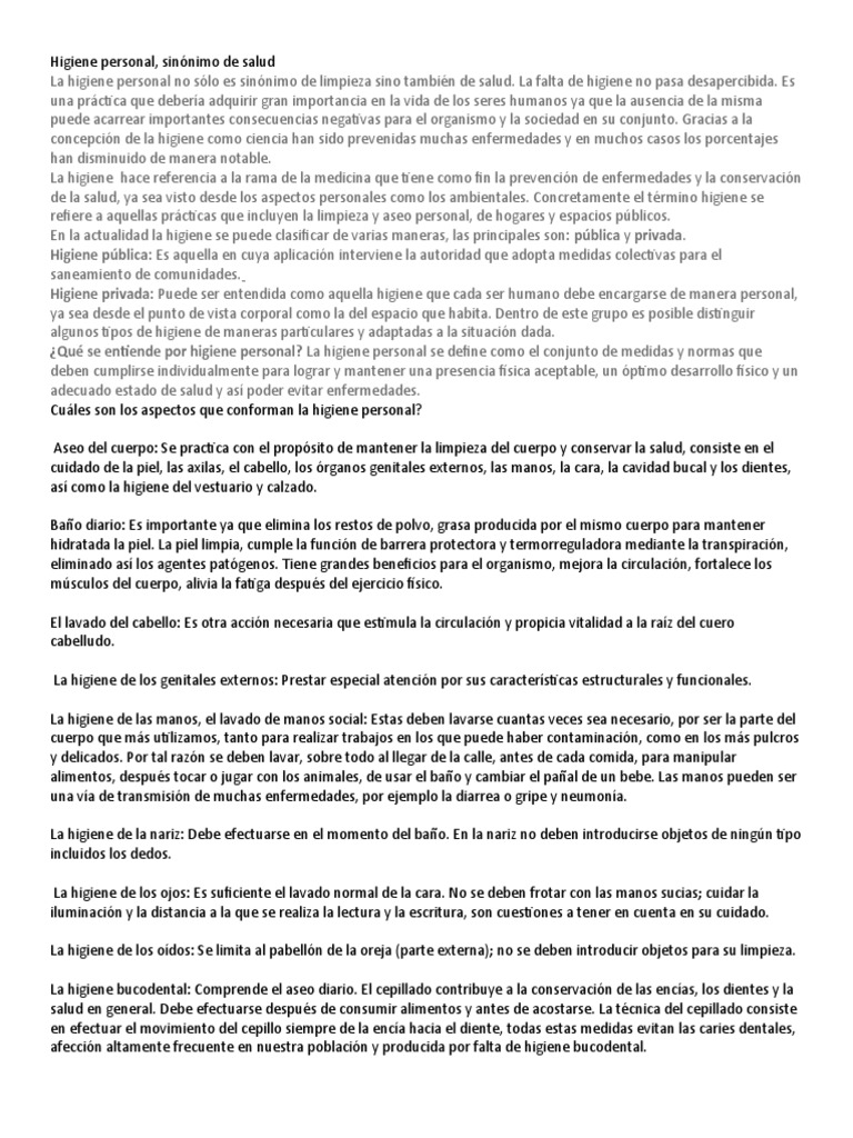 Higiene Personal | PDF | Ciencias de la Salud | Especialidades Medicas