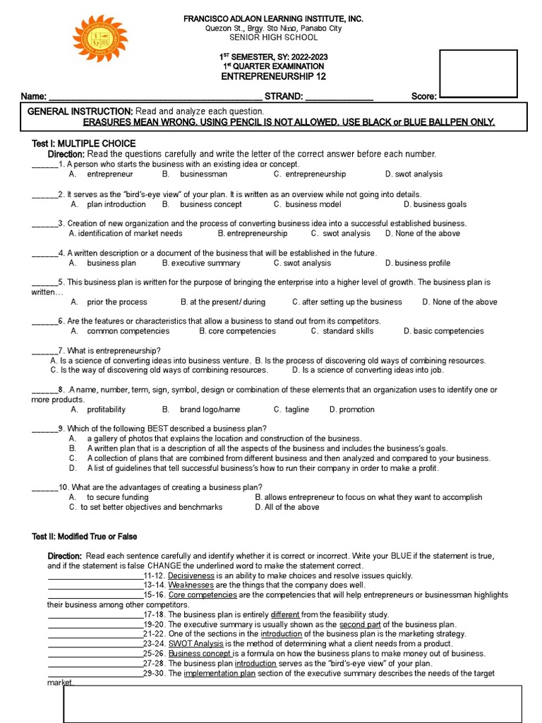 Entrepreneurship - 1ST Quarter Exam | PDF | Entrepreneurship | Test ...