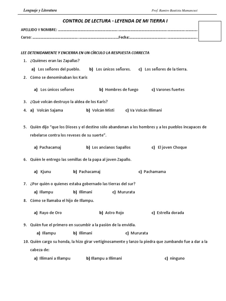 Control de Lectura Leyenda de Mi Tierra II | PDF