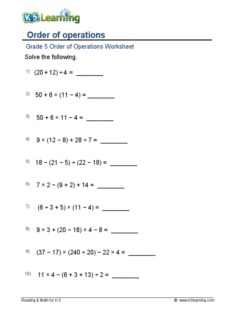 Grade 5 Order of Operations Worksheet | PDF