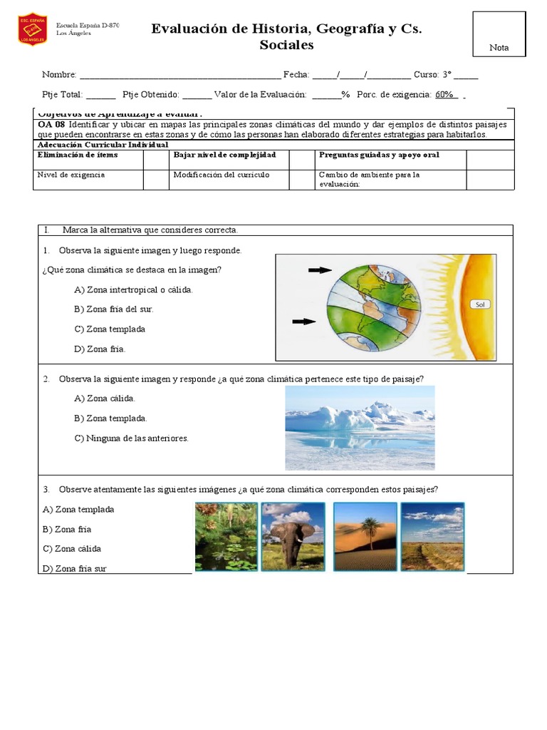 Prueba Zonas Climáticas | PDF | Clima | Clima templado