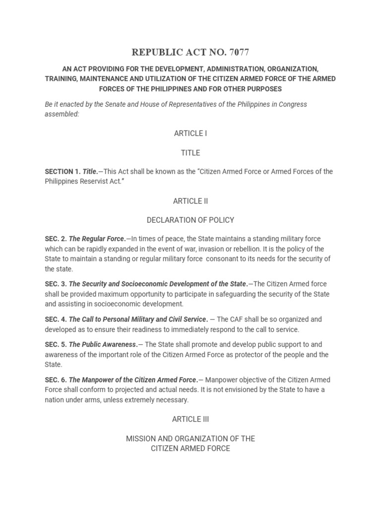 Republic Act No. 7077 | Download Free PDF | Reserve Officers' Training ...