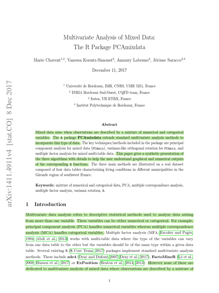 Multivariate Analysis of Mixed Data The R Package PCAmixdata | Download Free PDF | Principal ...