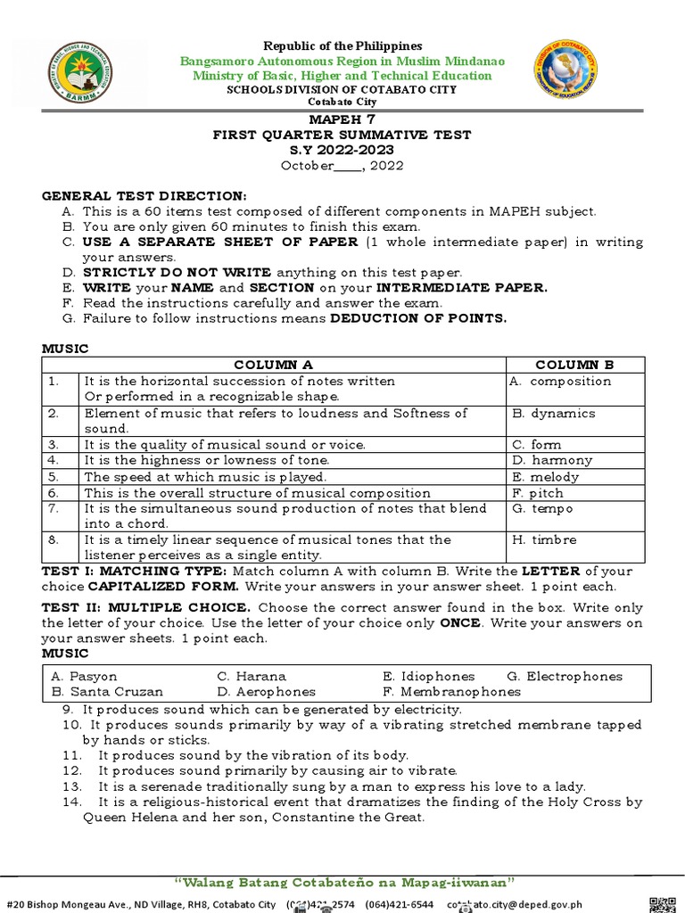 MAPEH-7 TQs 1ST-QUARTER | PDF | Test (Assessment)