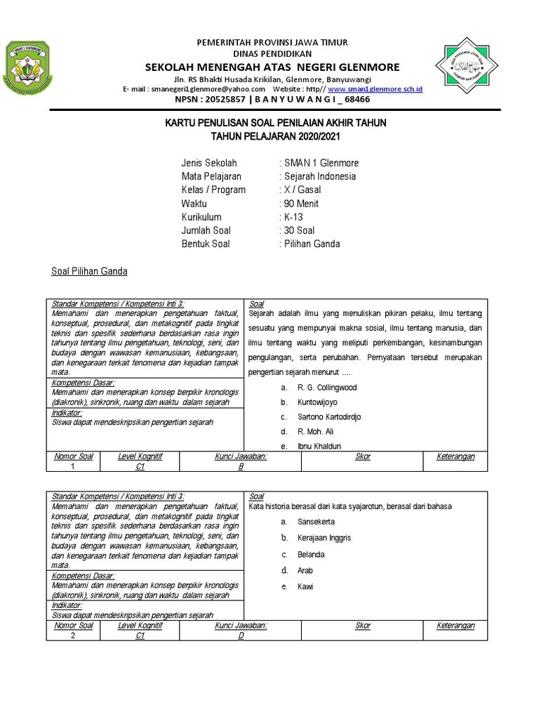 Kartu Soal UTS X (Sejarah Indonesia) | PDF