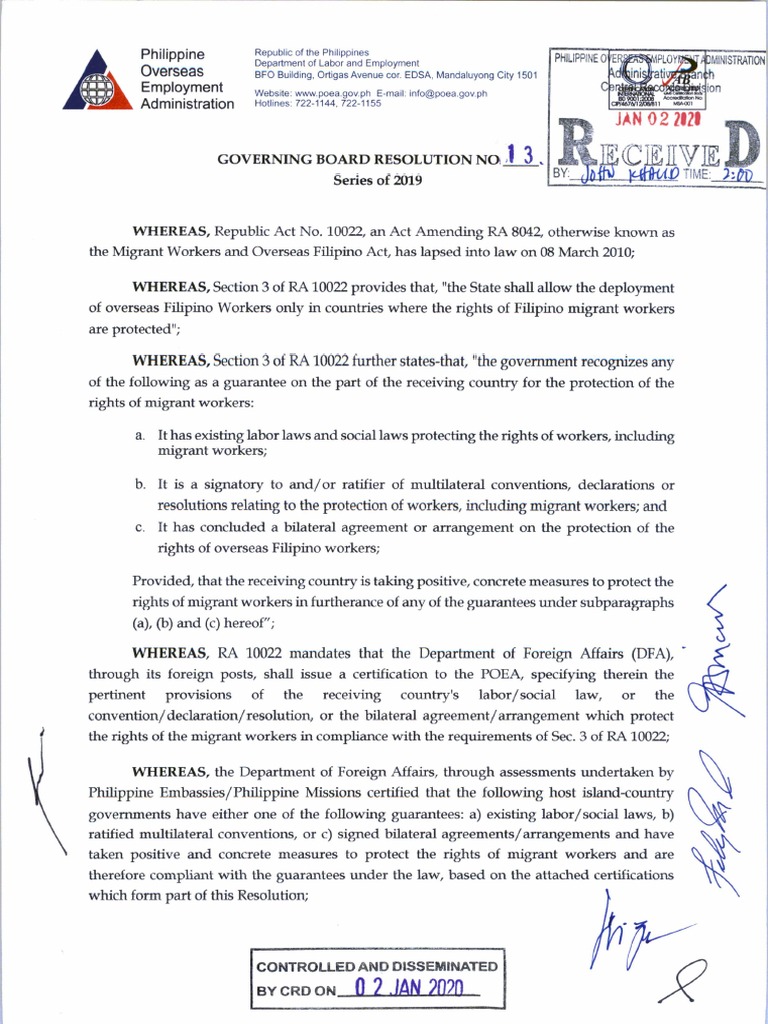 POEA Resolution No. 13-2019 | PDF