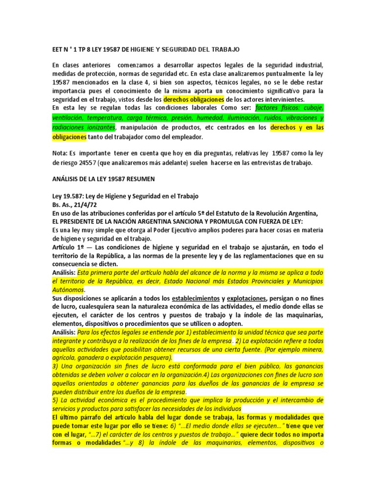TP 8 Ley 19587 de Higiene y Seguridad Del Trabajo | PDF | Seguridad y ...