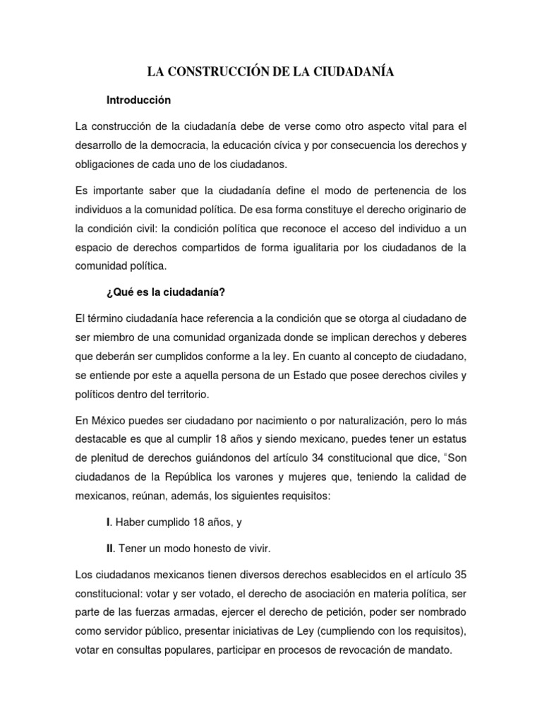 Ensayo-La Construcción de La Ciudadanía | PDF | Ciudadanía | Democracia