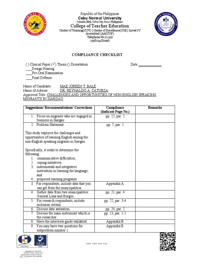 Compliance Checklist | PDF | Thesis | Cognition