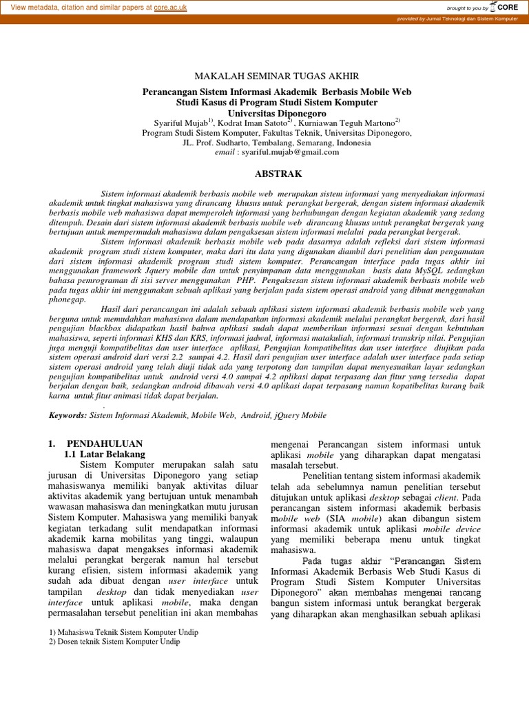 Perancangan Sistem Informasi Akademik Berbasis Mobile Web Studi Kasus Di Program Studi Komputer ...