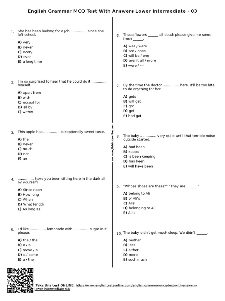 630 English Grammar MCQ Test With Answers Lower Intermediate 03 | PDF