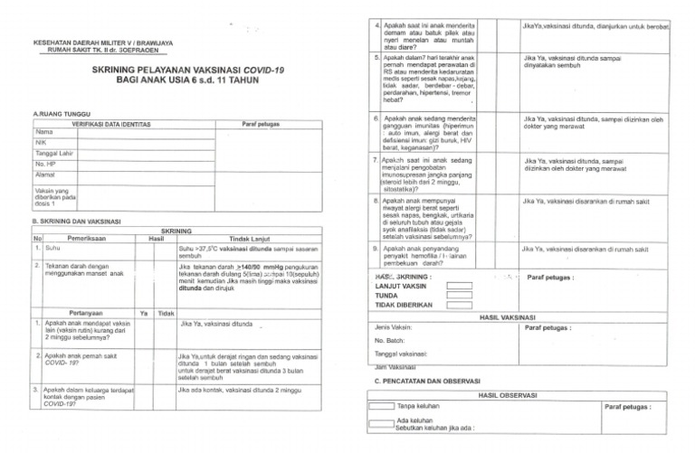 Form Skrining Anak VAKSIN | PDF