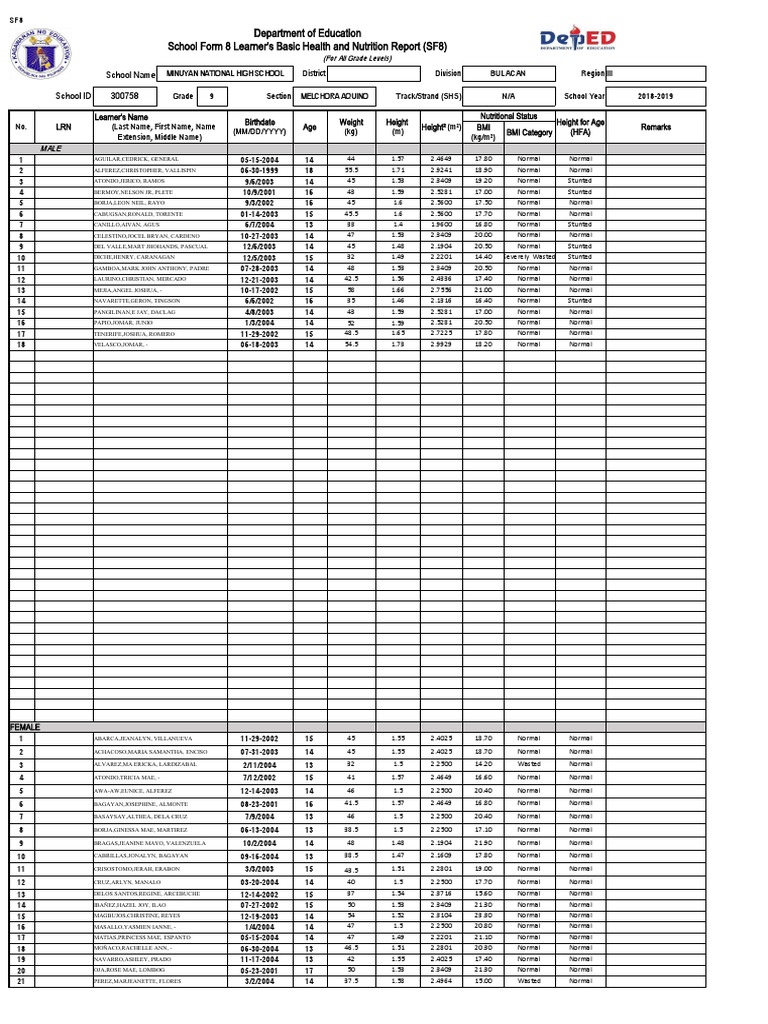 School Form 8 SF8 Learner Basic Health and Nutrition Report | PDF ...