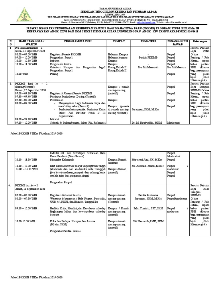 Jadwal KEGIATAN PKKMB 2020-2021 | PDF