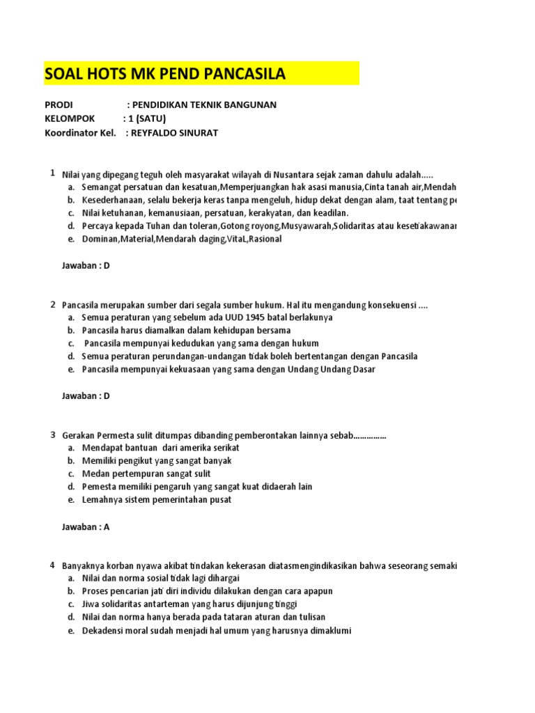 Soal Hots MK Pend Pancasila Kel 1-1 | PDF