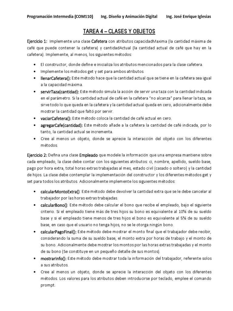TAREA 4 - Clases y Objetos | PDF